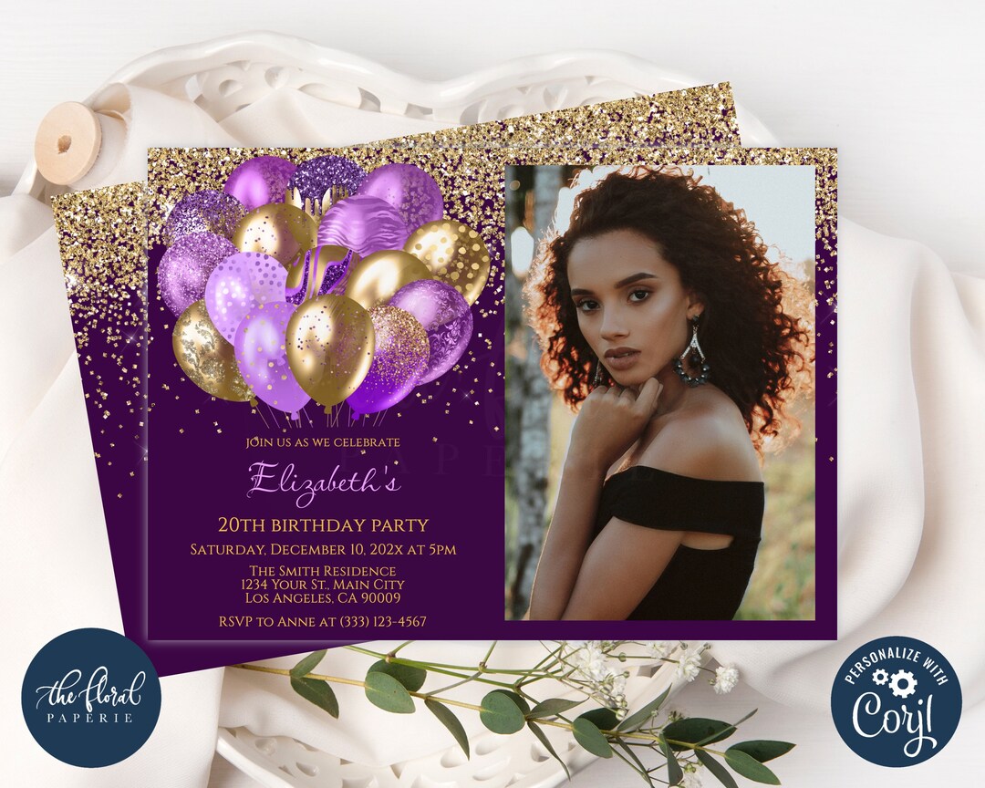Purple and Gold Invitations Template, Editable Black and Gold Balloons ...