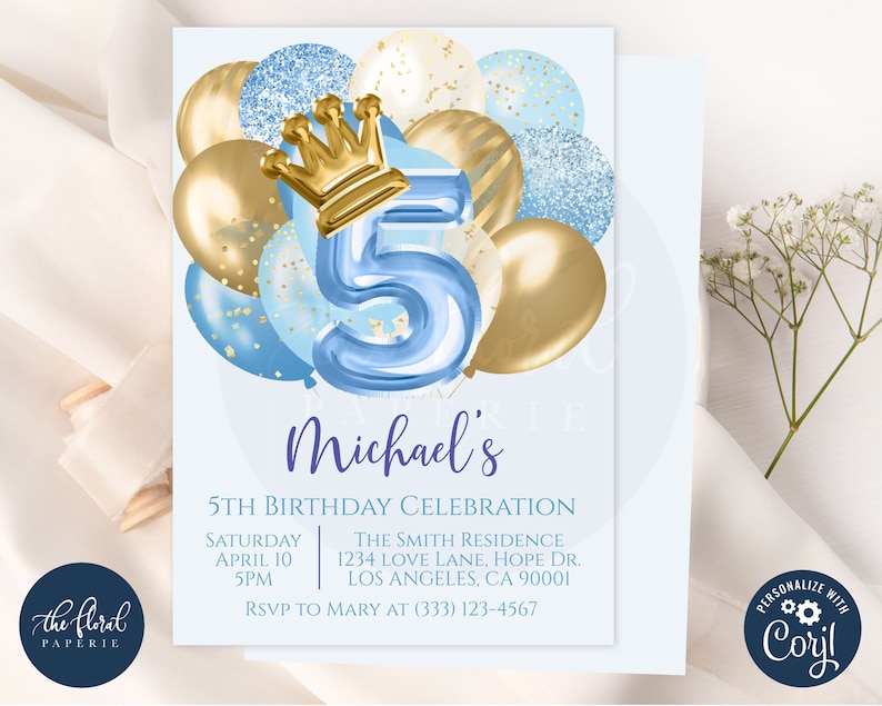 5th Birthday Invitation Template Editable Light Blue and Gold - Etsy