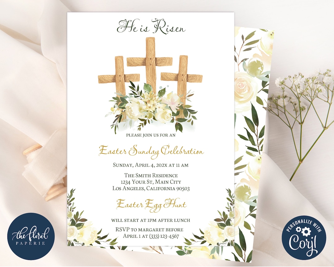 Easter Invitation Template, He is Risen Printable Easter Cross ...