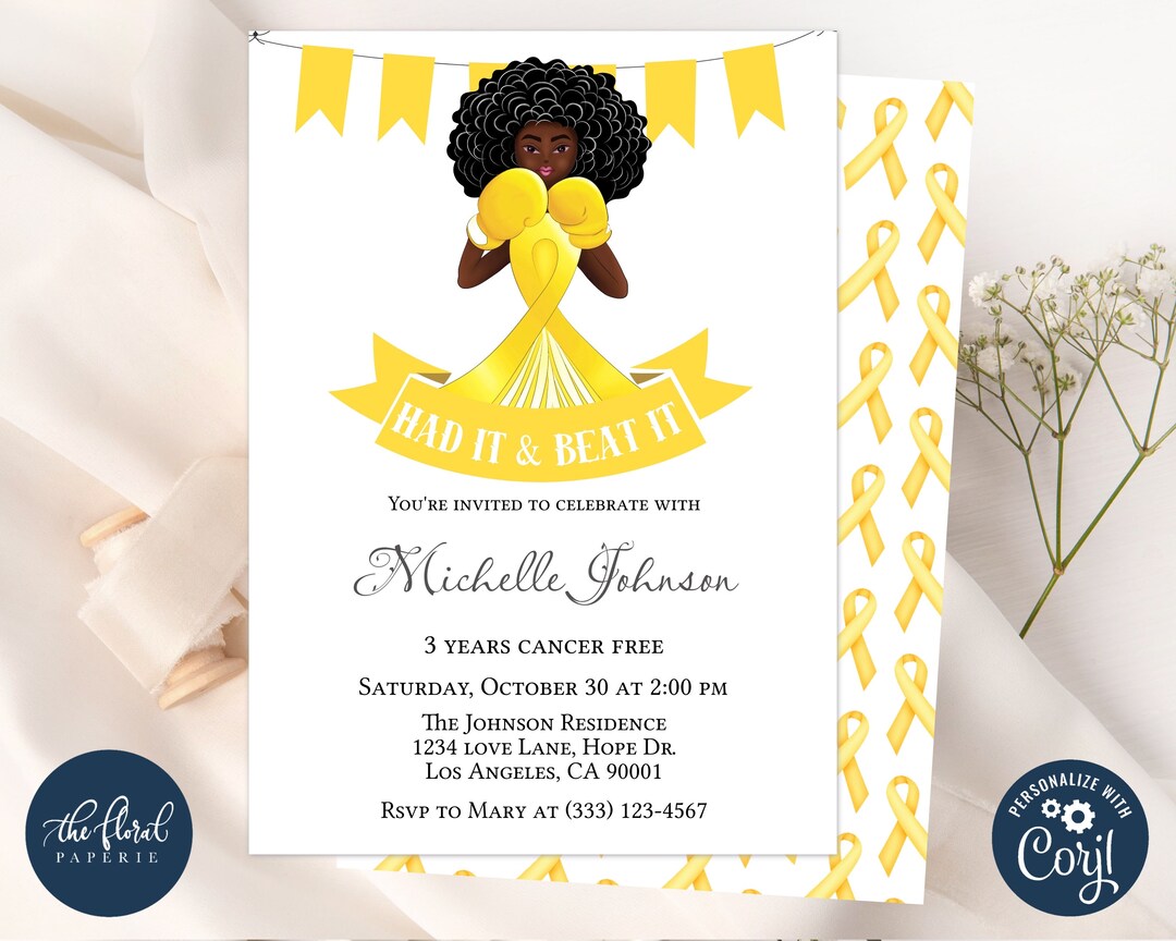 Bone Cancer Survivor Invitation Template, Editable Yellow Ribbon ...