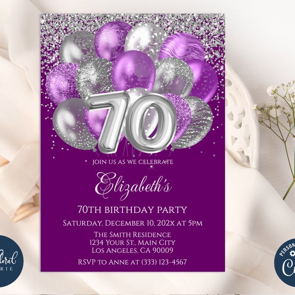 Purple 70th Birthday Party Invitation - Etsy