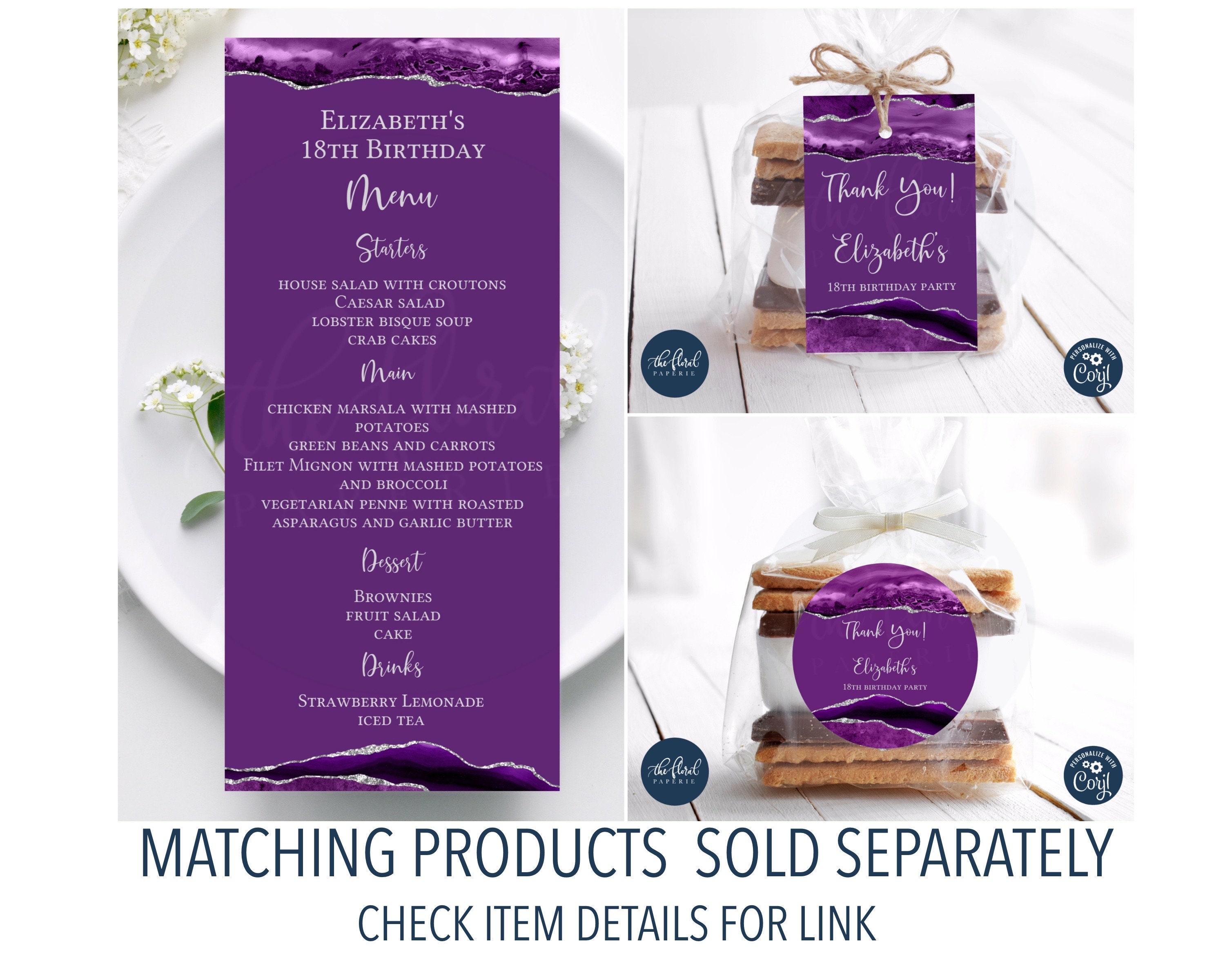 Purple and Silver Menu Card Template, Editable Event Menu Card ...