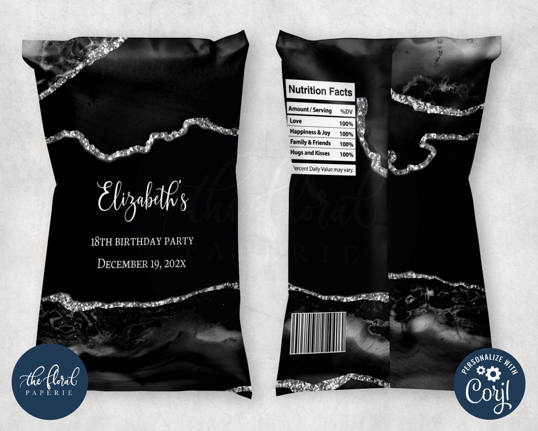 Black and Silver Chip Bag Template, Editable Potato Chip Bag Wrapper ...