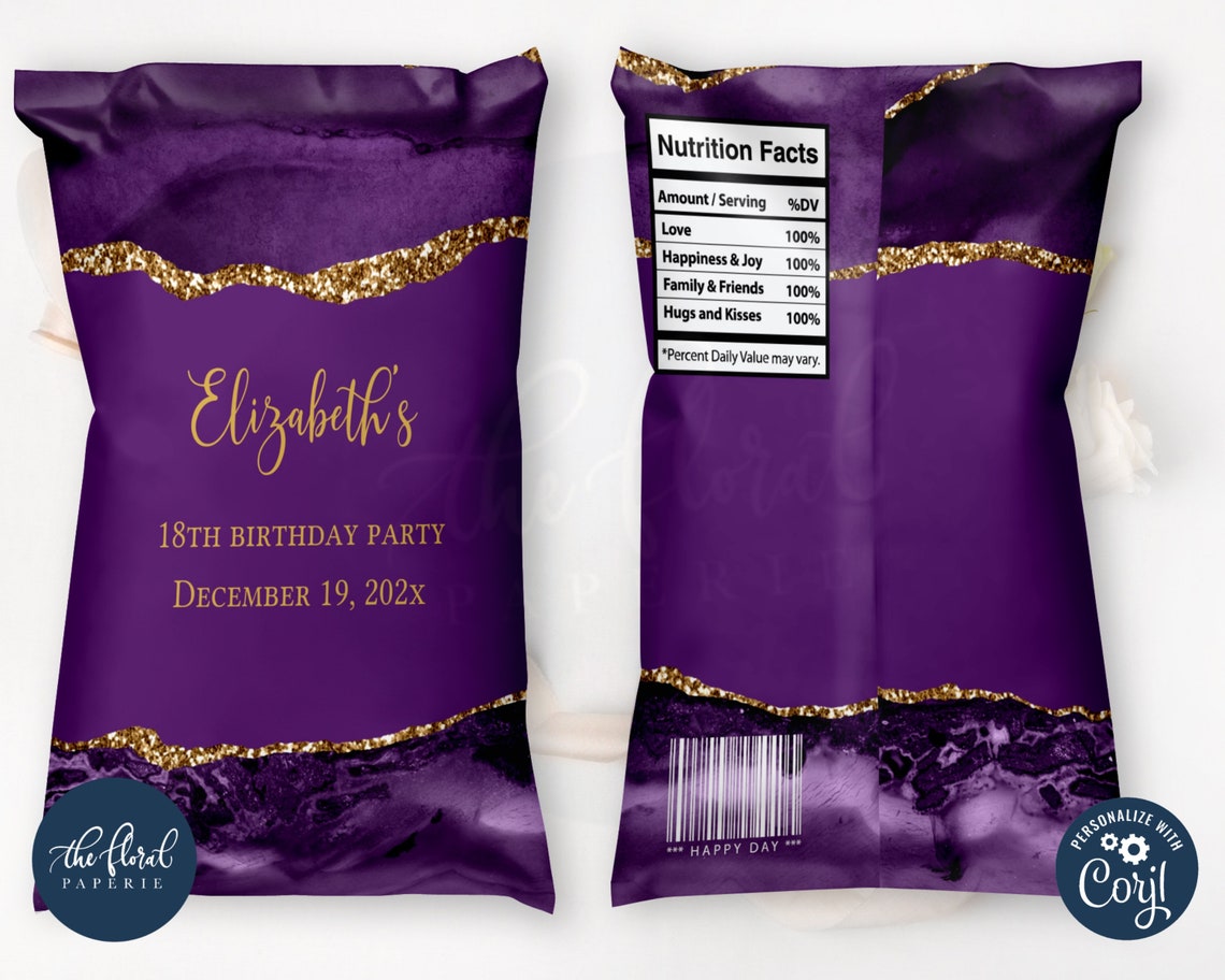 Purple and Gold Chip Bag Template Editable Potato Chip Bag - Etsy