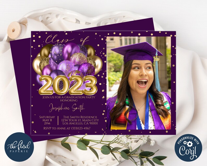 Graduation Party Invitation Template Editable Purple and Gold - Etsy