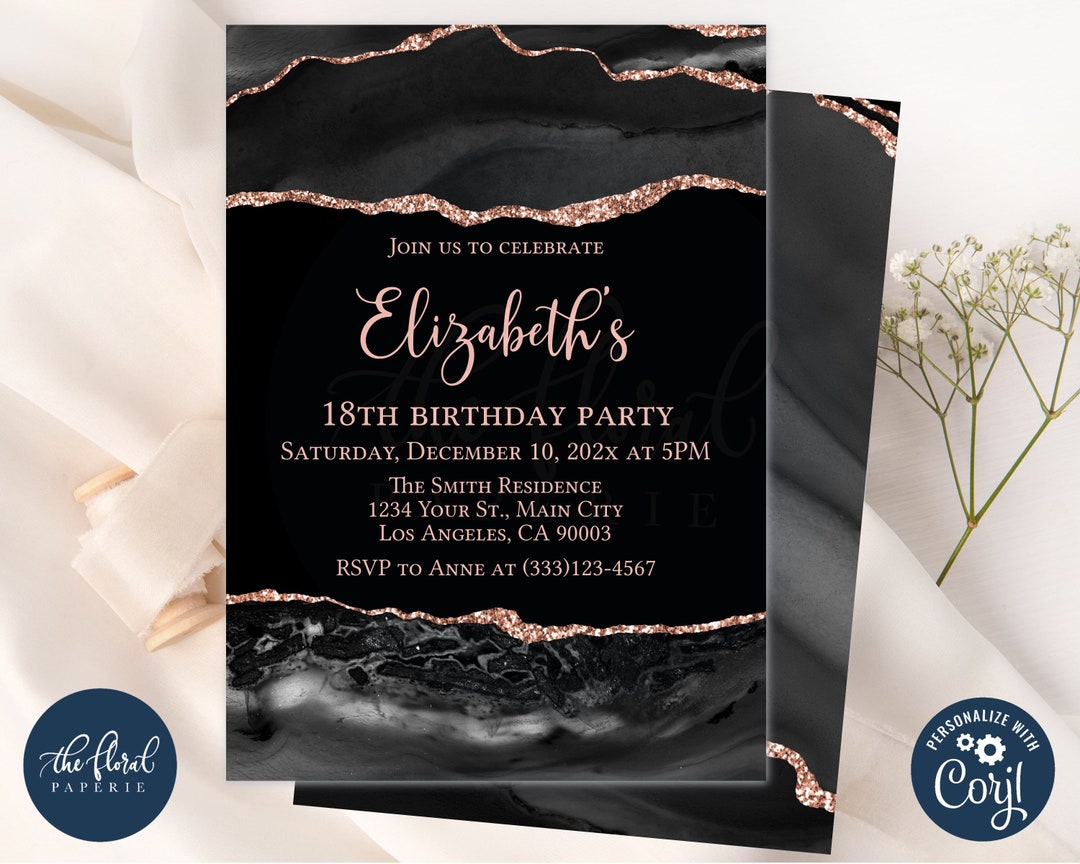 Black and Rose Gold Birthday Invitation Template, Editable Any Age ...