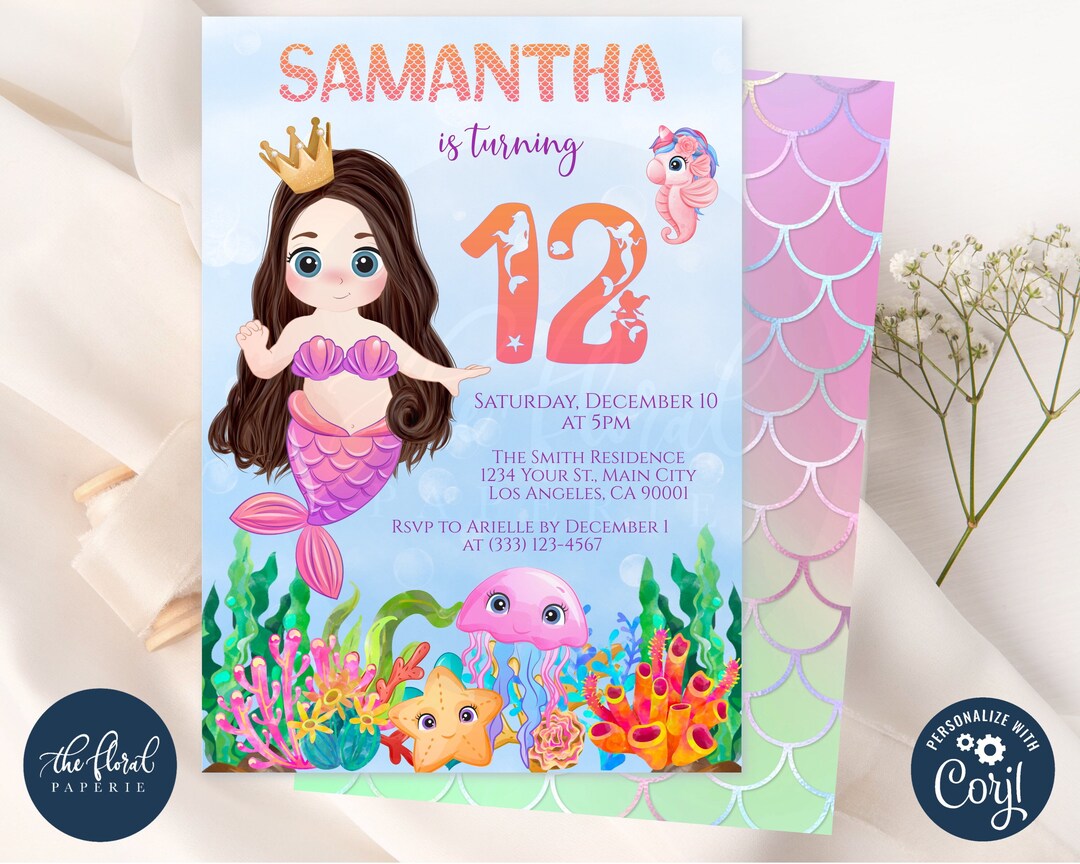 Princess Mermaid Birthday Invitation Template, Girl Birthday Party ...