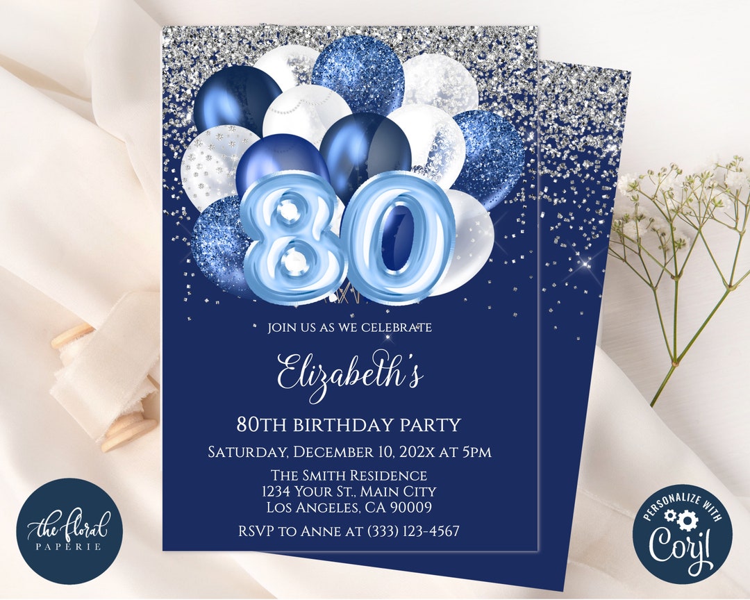 80th Birthday Invitation Template, Editable Blue and White Birthday ...