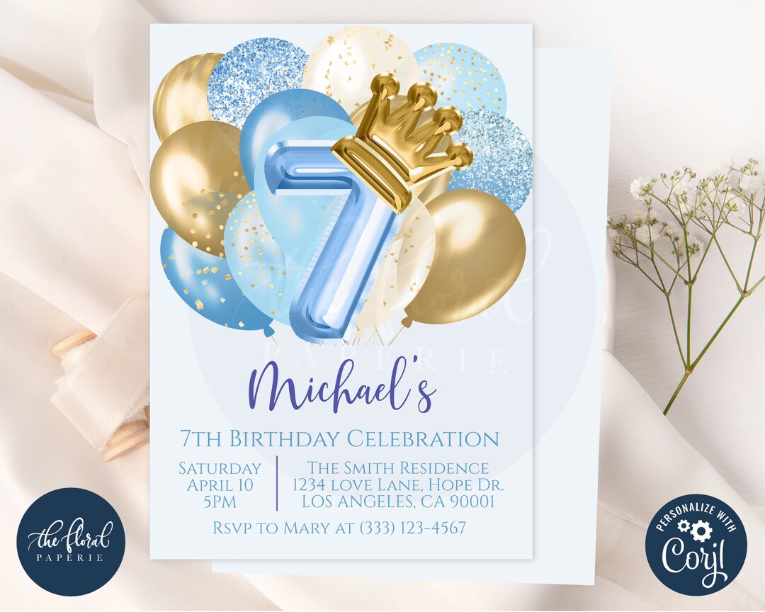 7th Birthday Invitation Template Editable Light Blue and Gold - Etsy