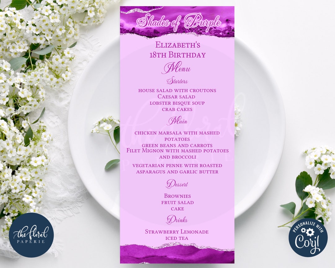 Shades of Purple Menu Card Template, Editable Event Menu Card ...