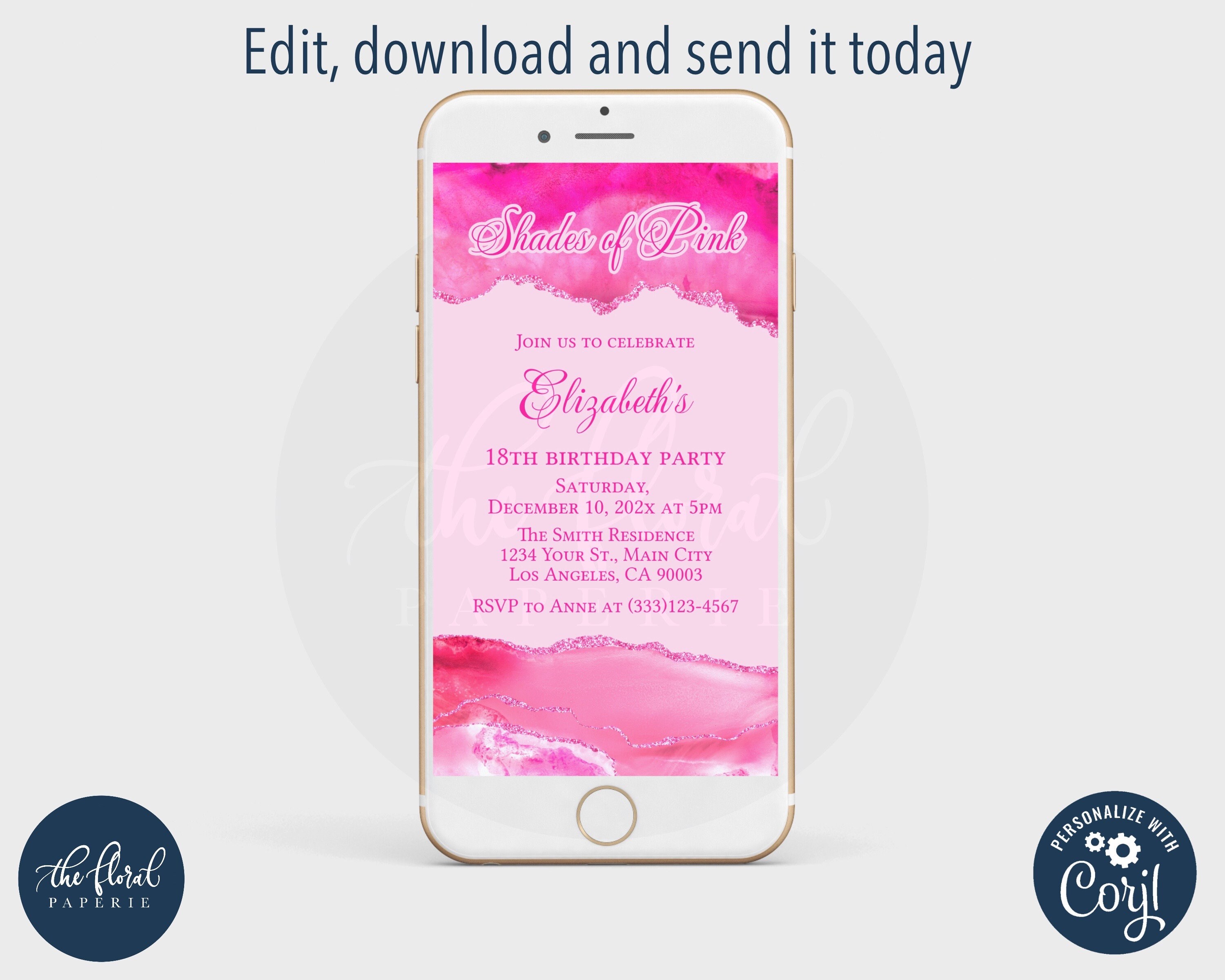 Shades of Pink Birthday Text Invitation Template, Editable Birthday ...