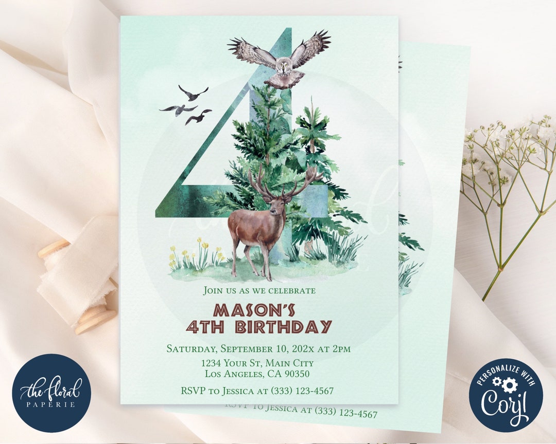 4th Birthday Invitation Template, Woodland Birthday Invitations, Forest ...