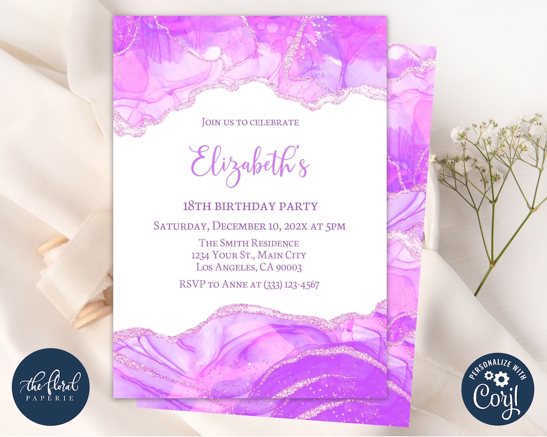 Purple Birthday Invitation Template, Editable Any Age Birthday ...