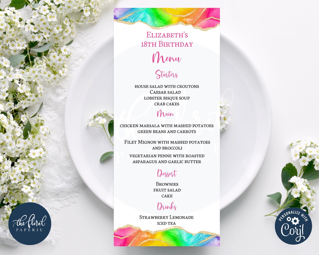 Rainbow Menu Card Template, Editable Event Menu Card, Printable Menu ...