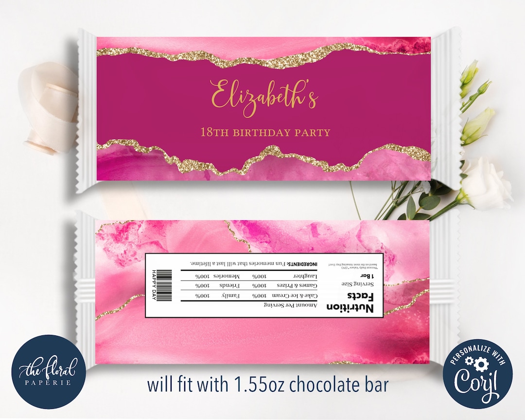 Pink and Gold Chocolate Wrapper Template, Editable Candy Bar Wrapper ...