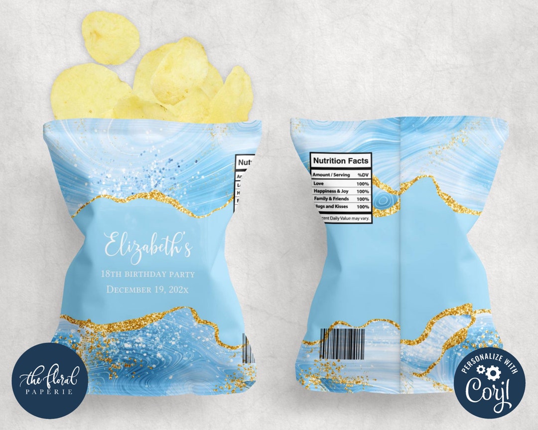 Baby Blue and Gold Chip Bag Template, Potato Chip Bag Wrapper ...