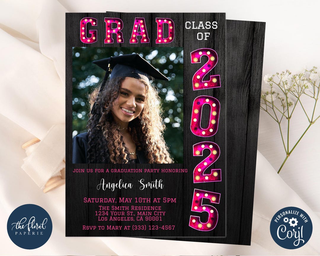 Pink and Black Graduation Party Invitation Template, Class of 2025 ...