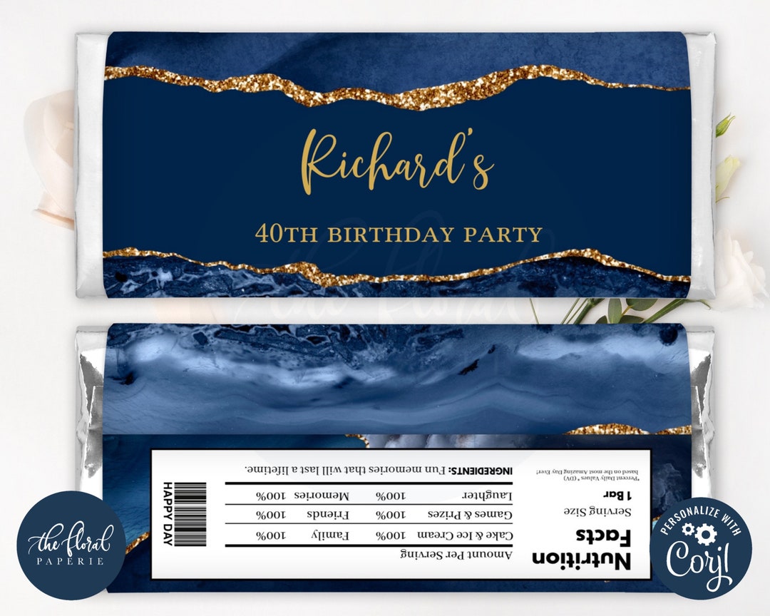Blue and Gold Chocolate Wrapper Template, Editable Candy Bar Wrapper ...