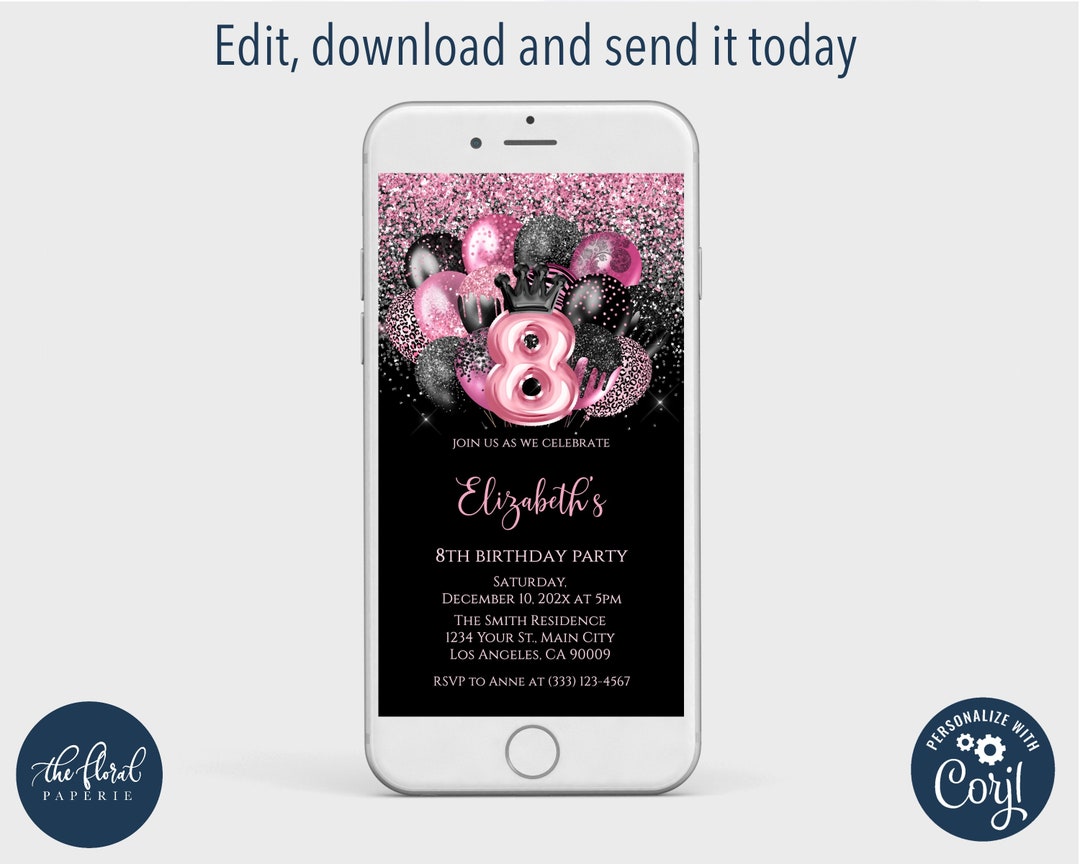 8th Birthday Text Invitation Template, Editable Black and Pink Birthday ...