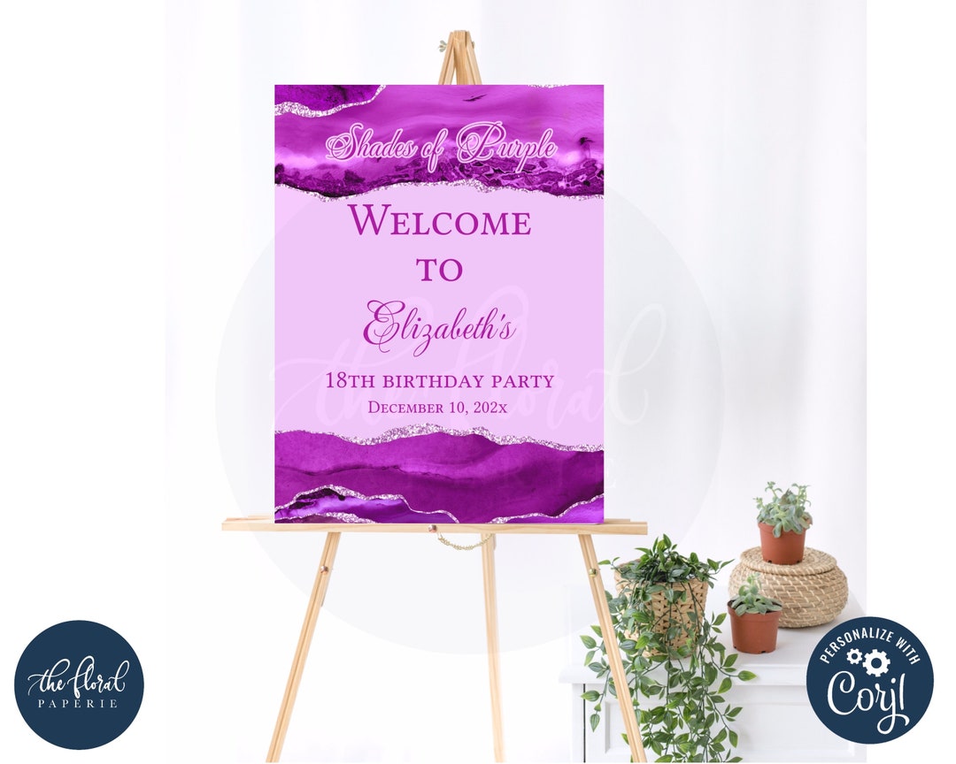 Shades of Purple Welcome Sign Template, Printable Birthday Sign ...