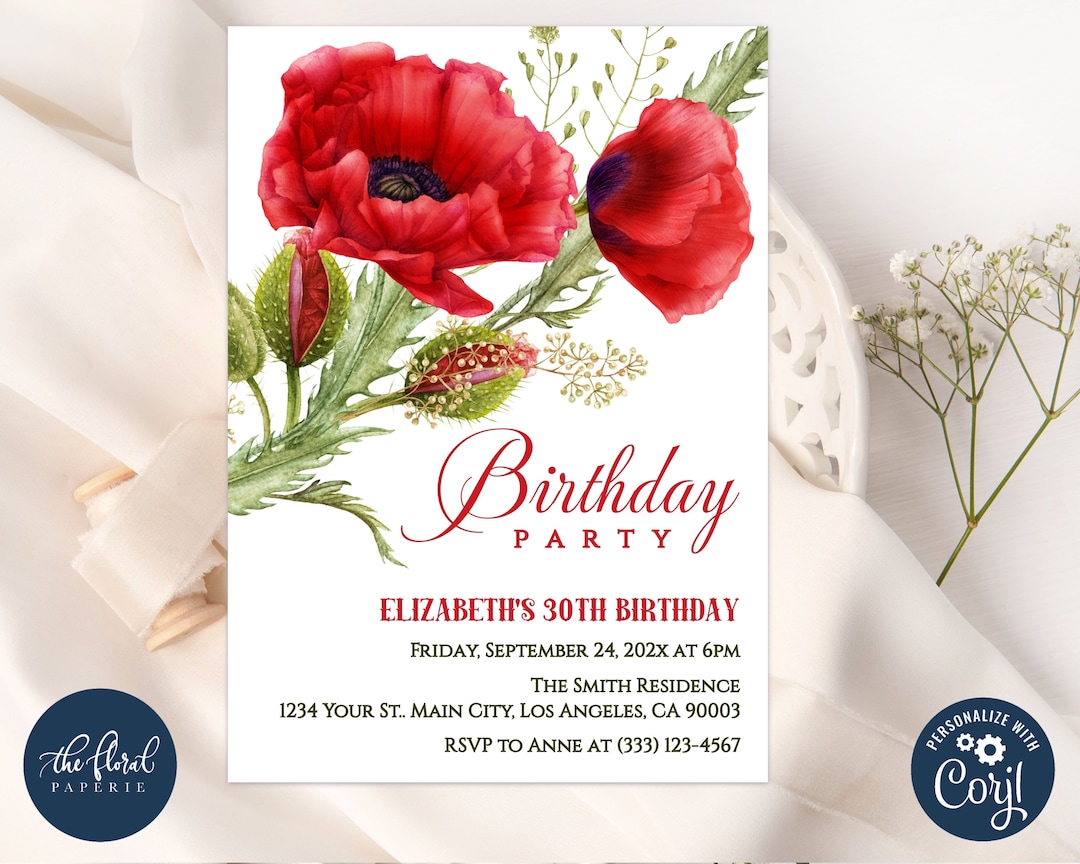 Poppy Birthday Invitation Template, Poppy Invitation, Red Poppy ...