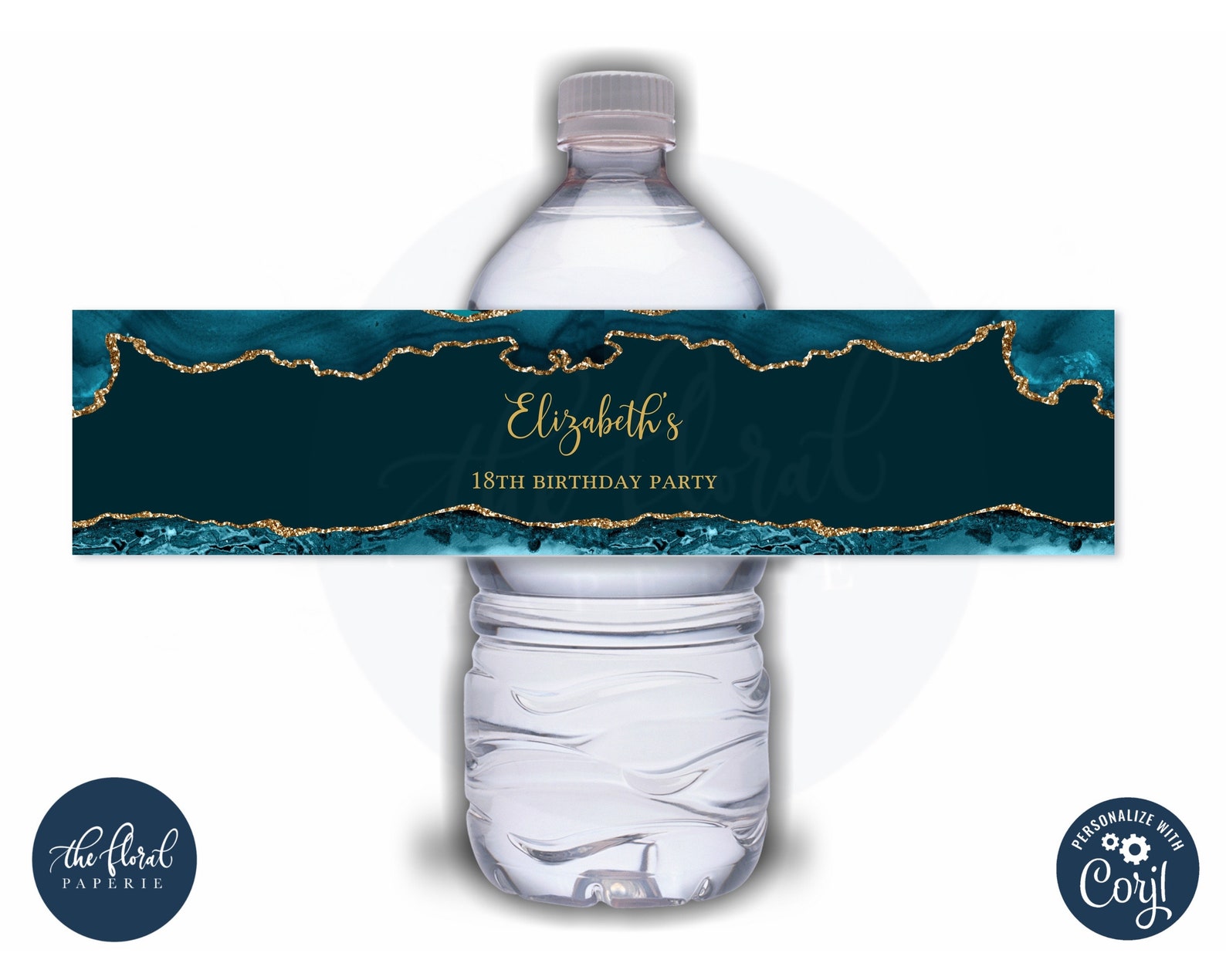 Teal and Gold Water Bottle Label Template Editable Agate - Etsy