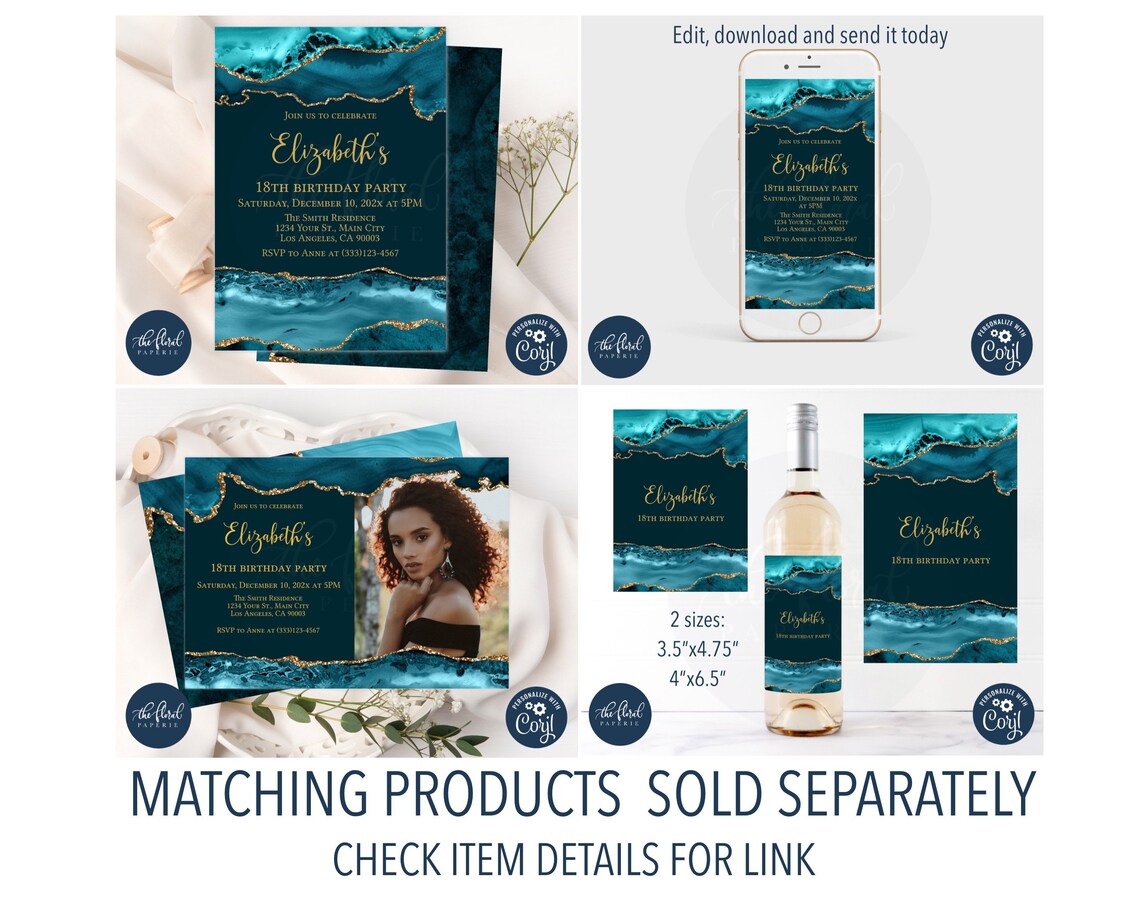 Teal and Gold Water Bottle Label Template Editable Agate - Etsy