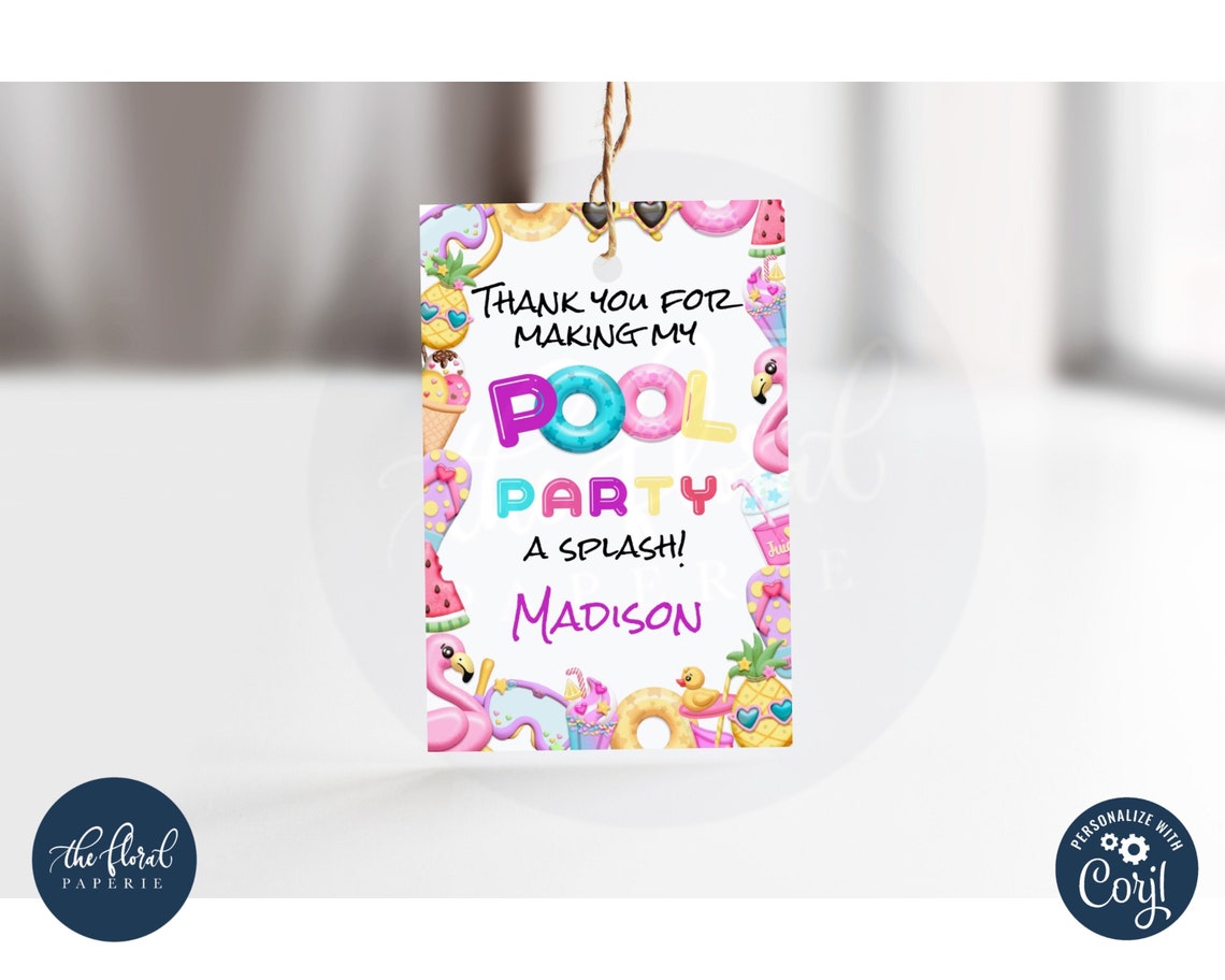 Pool Party Favor Tag Template Editable Pool Party Thank You - Etsy