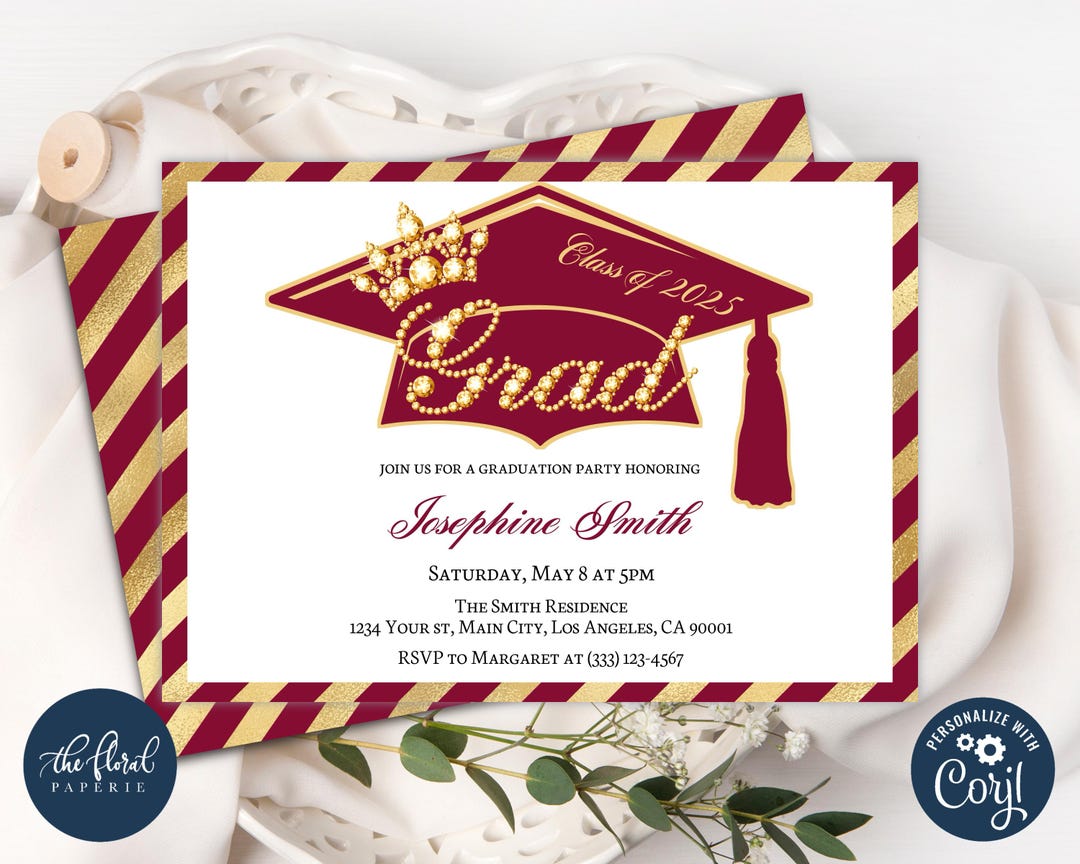 Graduation Party Invitation Template, Editable Burgundy and Gold ...