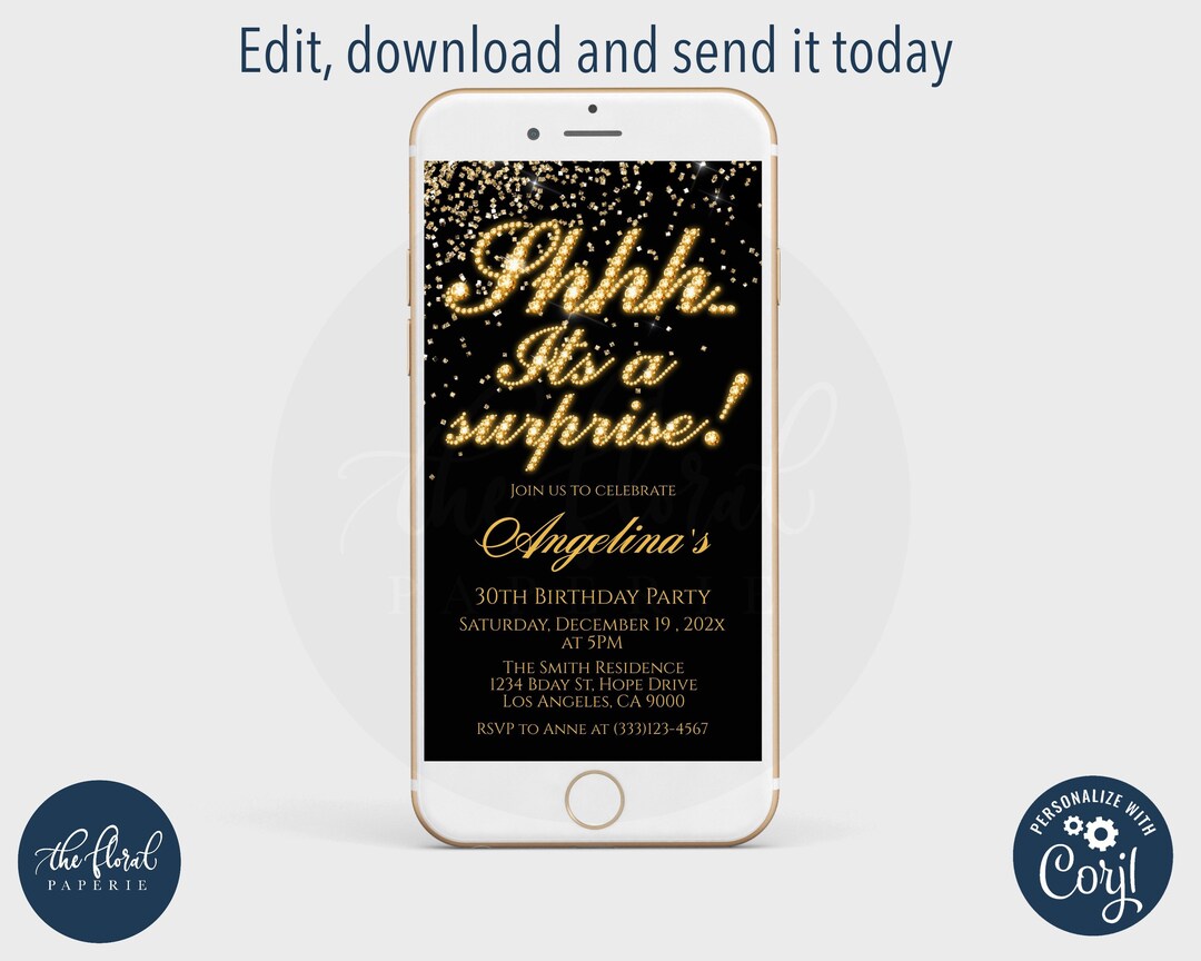 Surprise Birthday Text Invitation Template, Editable Black and Gold ...