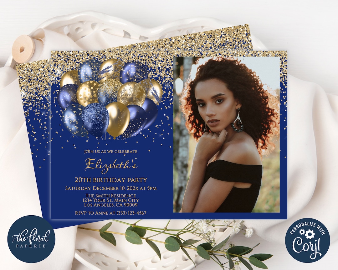 Blue and Gold Birthday Invitation Template, Editable Birthday ...