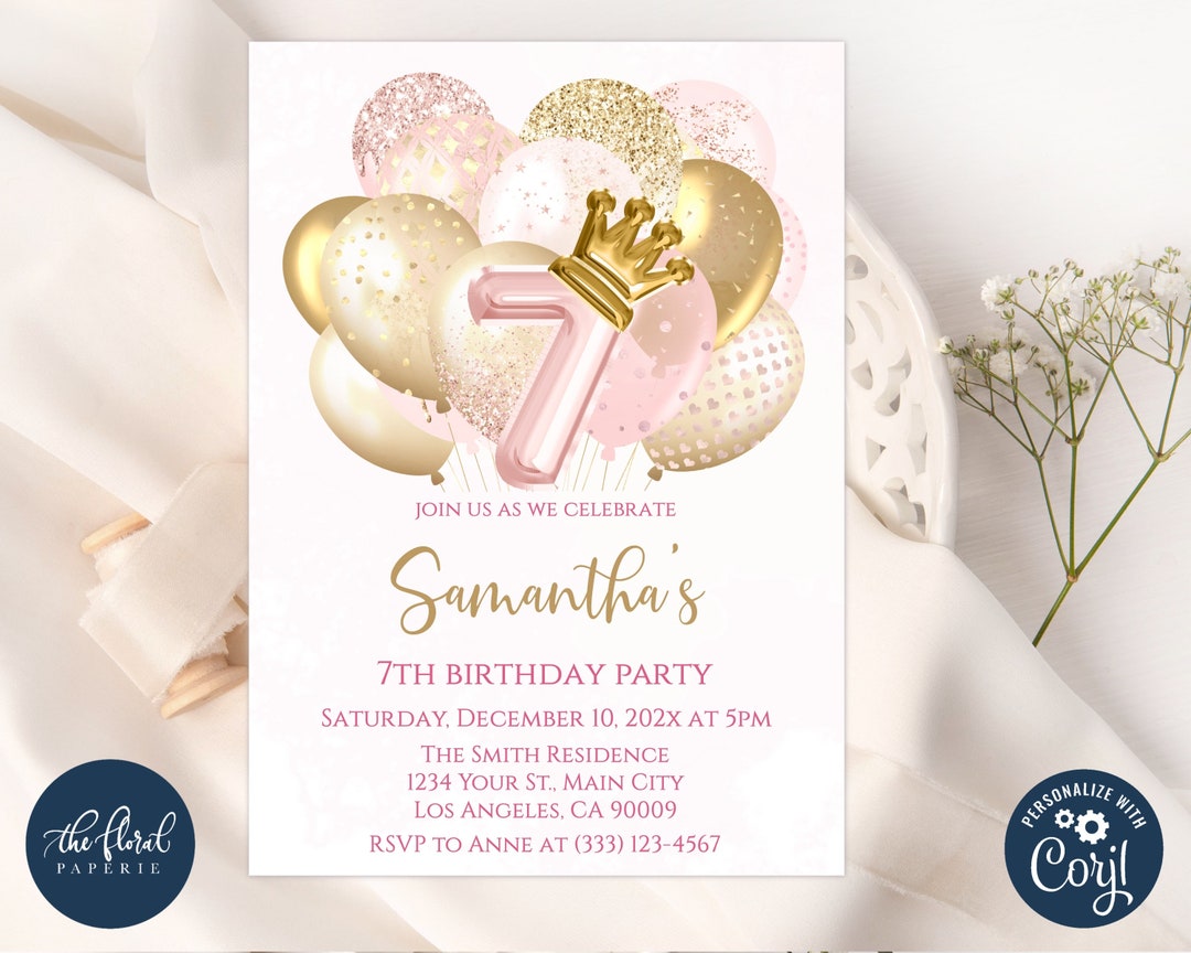 7th Birthday Invitation Template, Editable Blush and Gold Princess ...