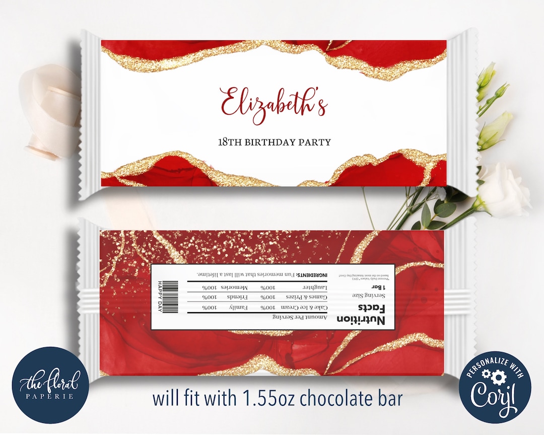Red and Gold Chocolate Wrapper Template, Editable Candy Bar Wrapper ...