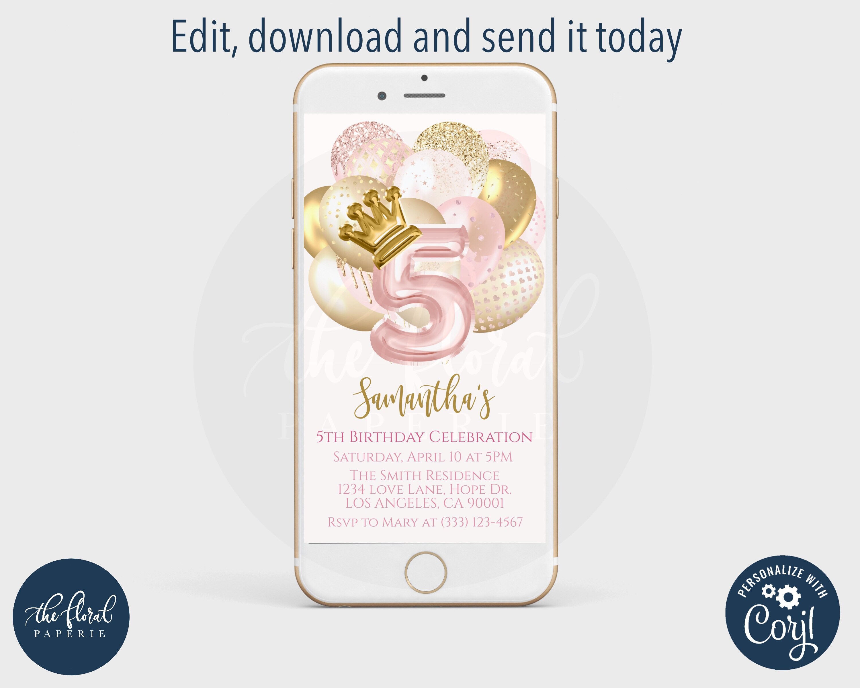 5th Birthday Text Invitation Template Editable Blush Birthday | Etsy