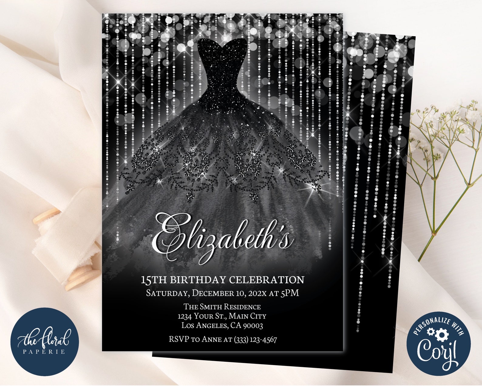 Black Quinceanera Invitation Template, Editable Black Dress Birthday ...