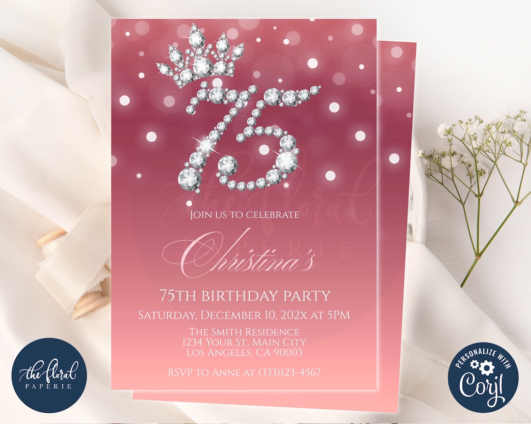 75th Birthday Invitation Template Editable Rose Gold And Silver
