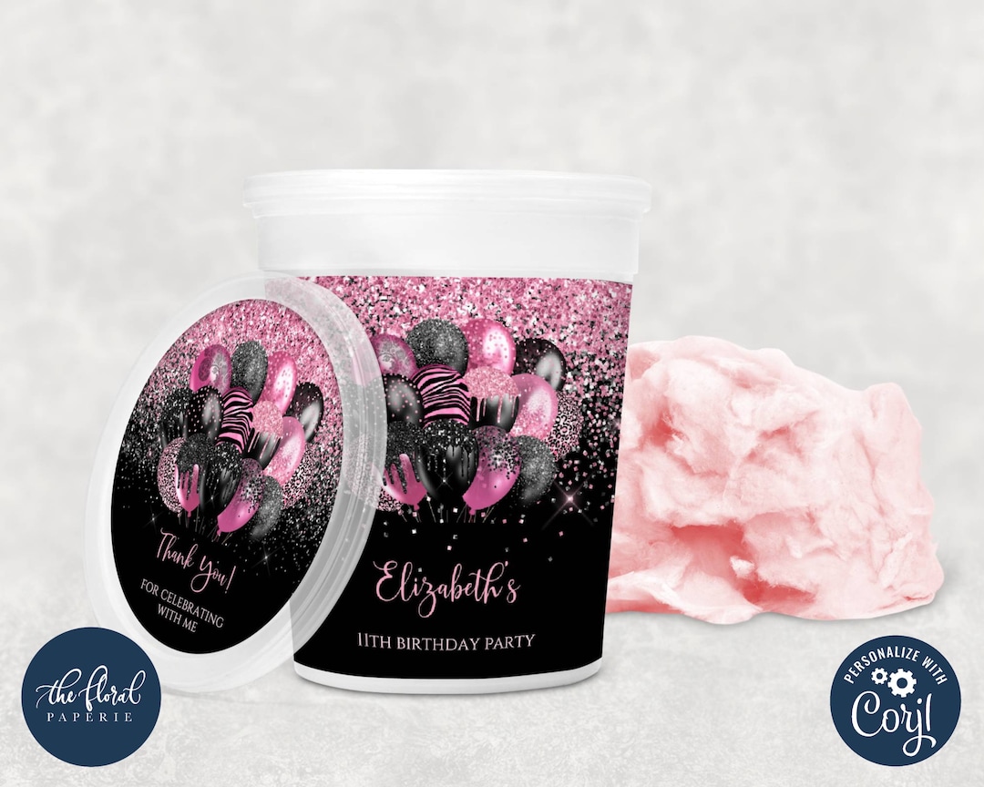 Black and Pink Cotton Candy Tub Label Template, Editable Cotton Candy ...