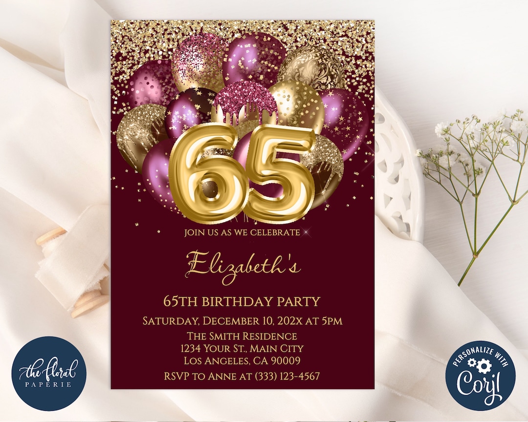 65th Birthday Invitation Template, Burgundy and Gold Birthday, Editable ...