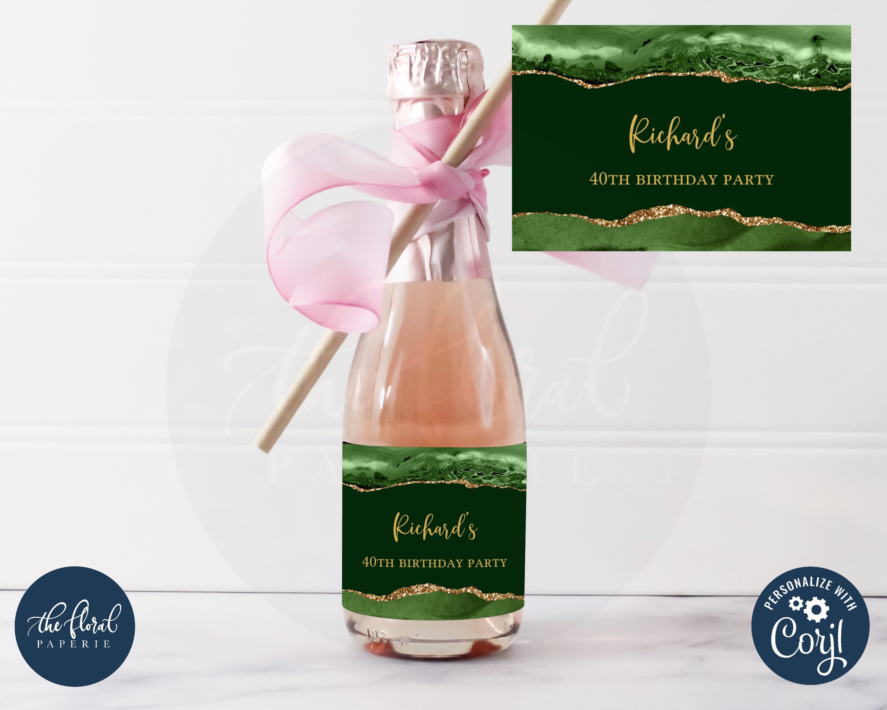 Green and Gold Mini Champagne Label Template, Editable Wine Bottle ...