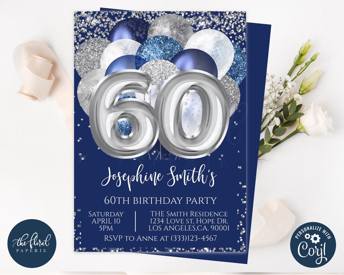 60th Birthday Invitation Template Navy Blue and Silver - Etsy