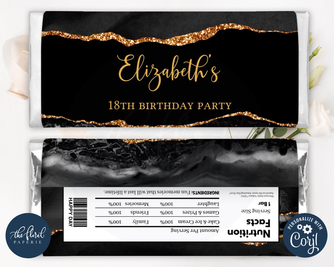 Black and Gold Chocolate Wrapper Template, Editable Candy Bar Wrapper ...
