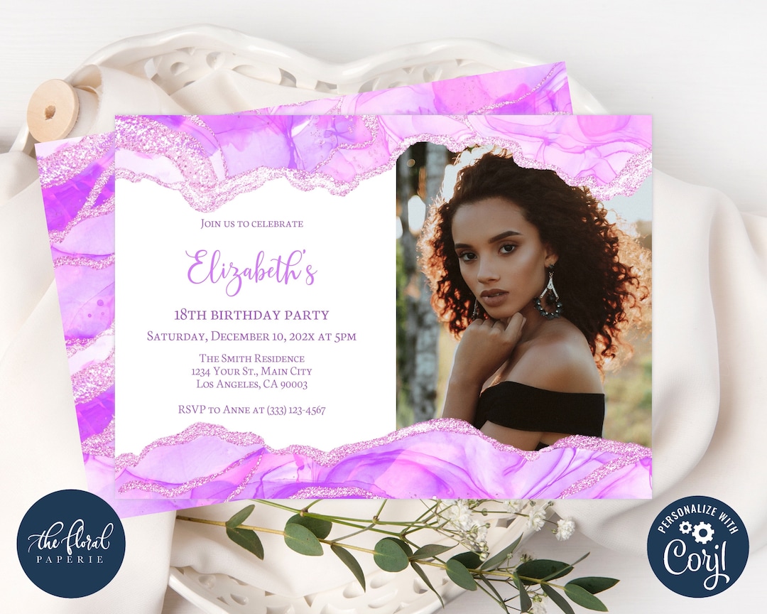 Purple Birthday Invitation Template, Editable Any Age Birthday ...