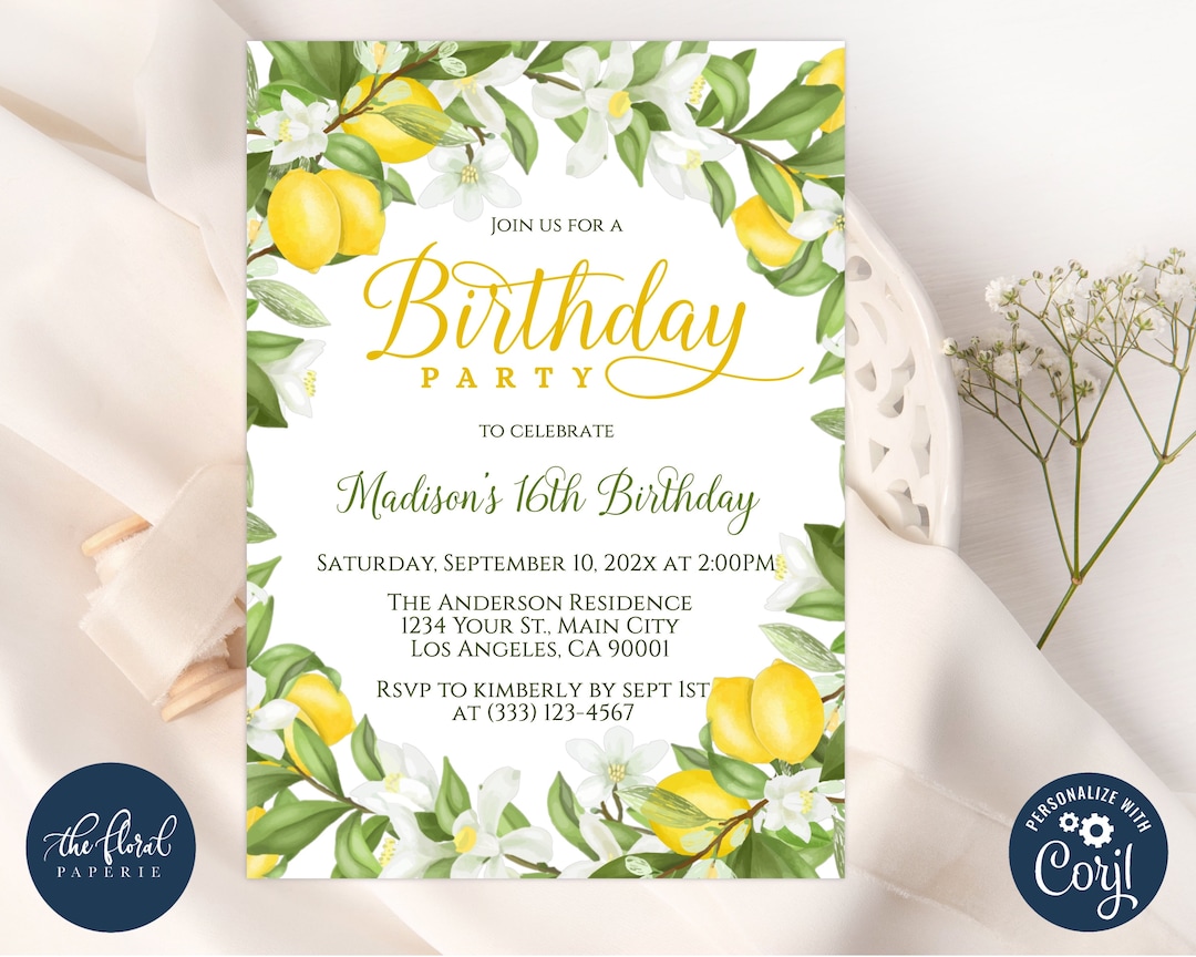 Lemon Birthday Invitation Template, Lemon Themed Birthday Invitation ...