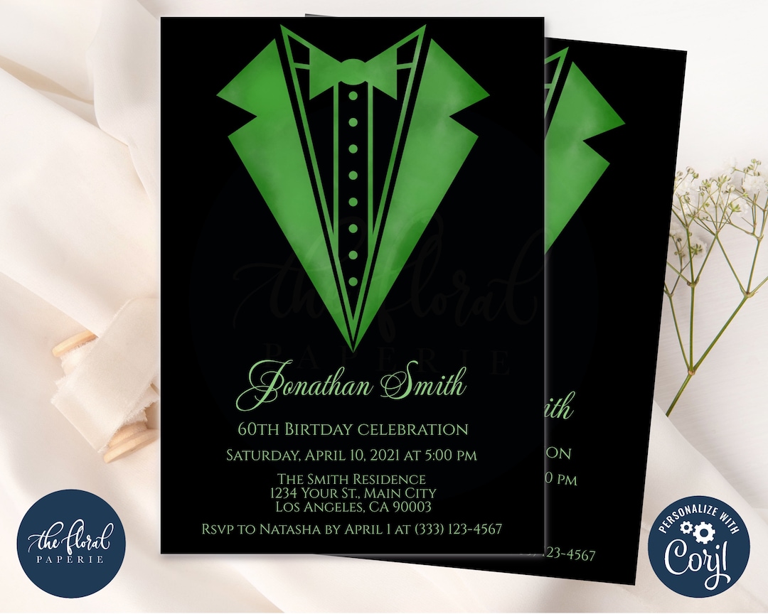 Tuxedo Birthday Invitation Template, Green and Black Party Invite ...