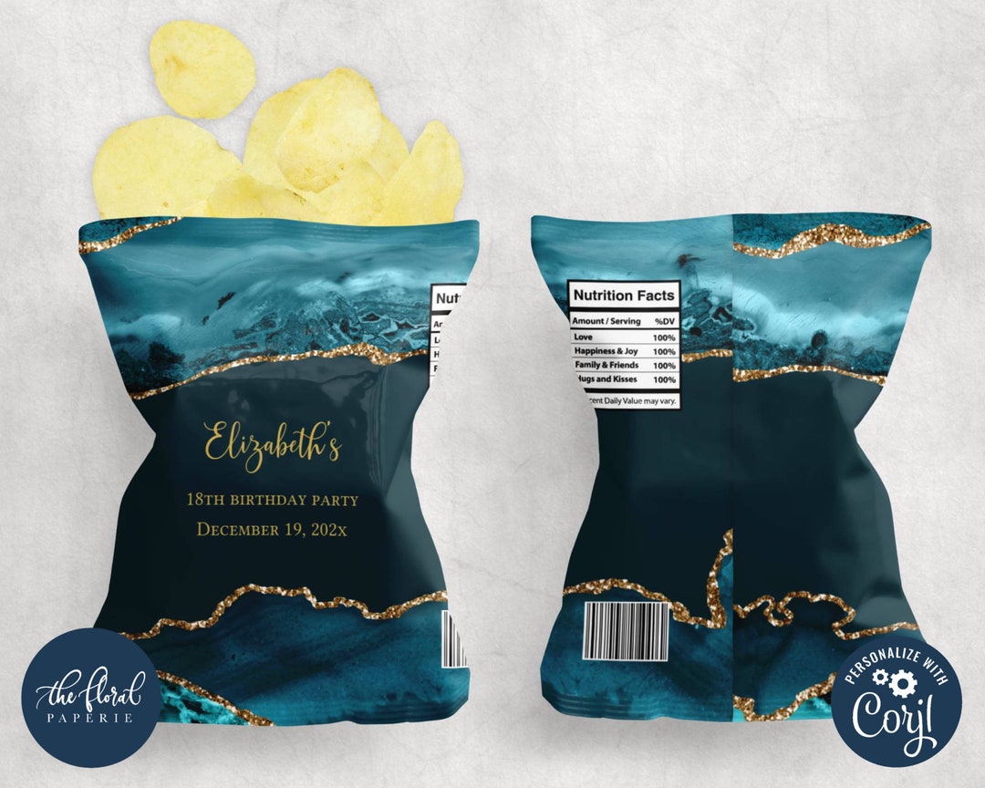 Teal and Gold Chip Bag Template, Editable Potato Chip Bag Wrapper ...