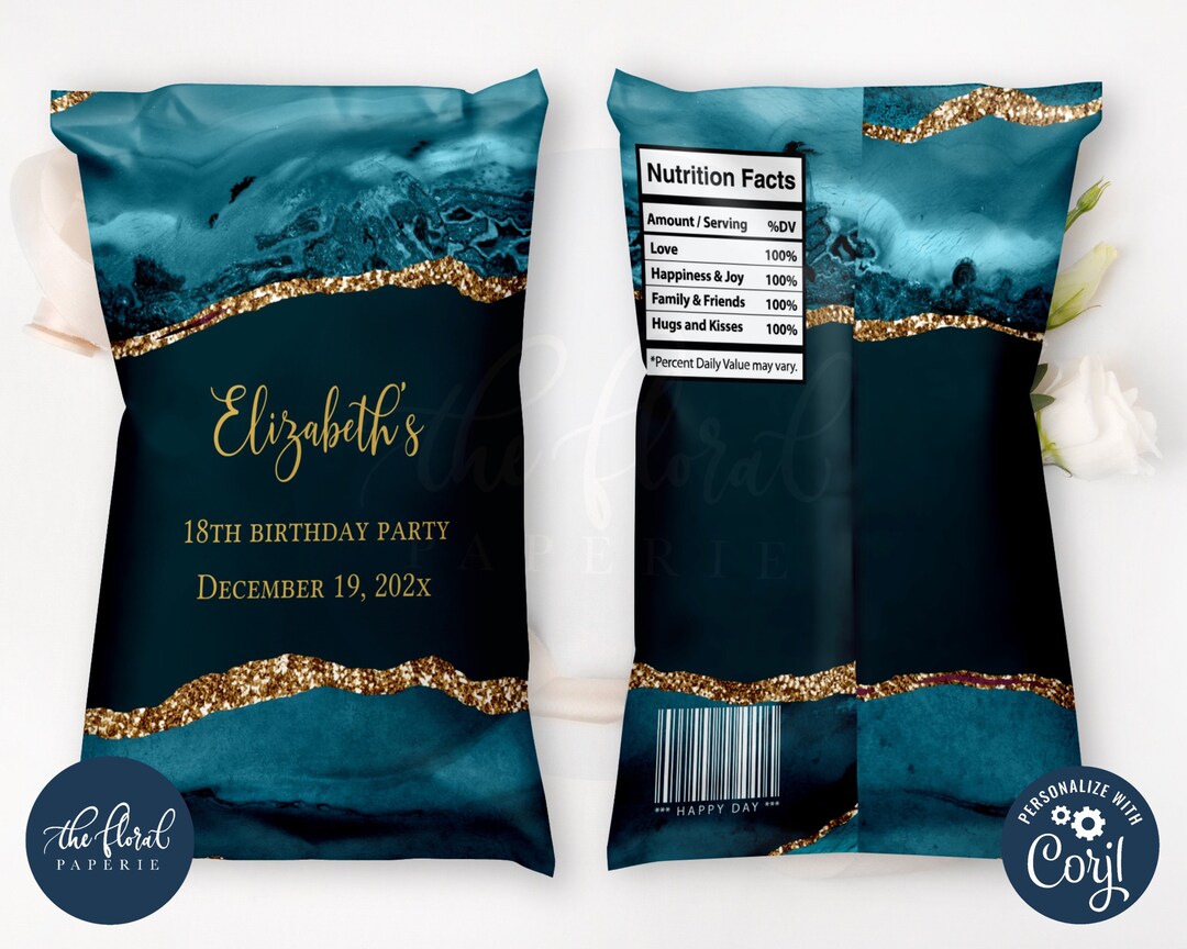Teal and Gold Chip Bag Template, Editable Potato Chip Bag Wrapper ...