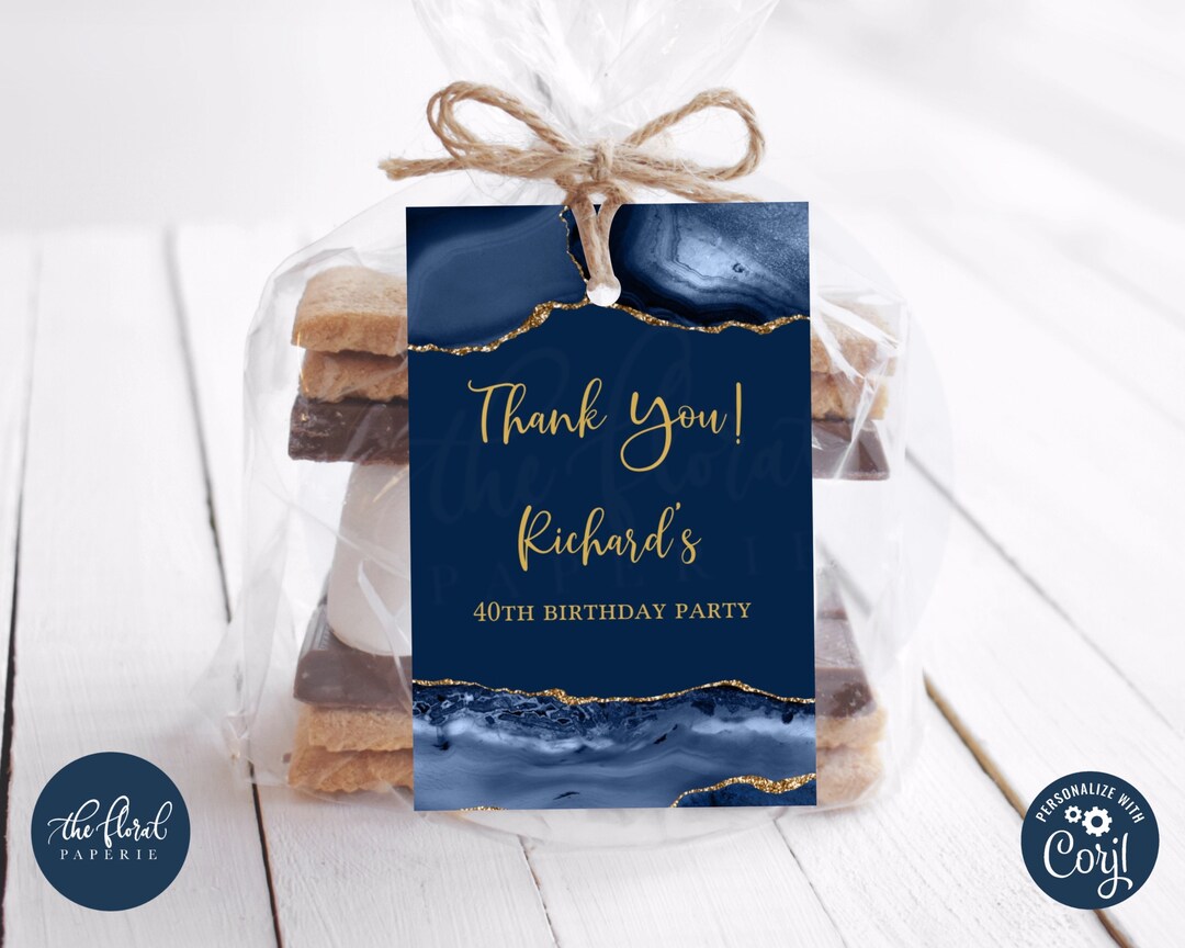 Blue and Gold Birthday Favor Tags Template, Editable Birthday Gift Tags ...