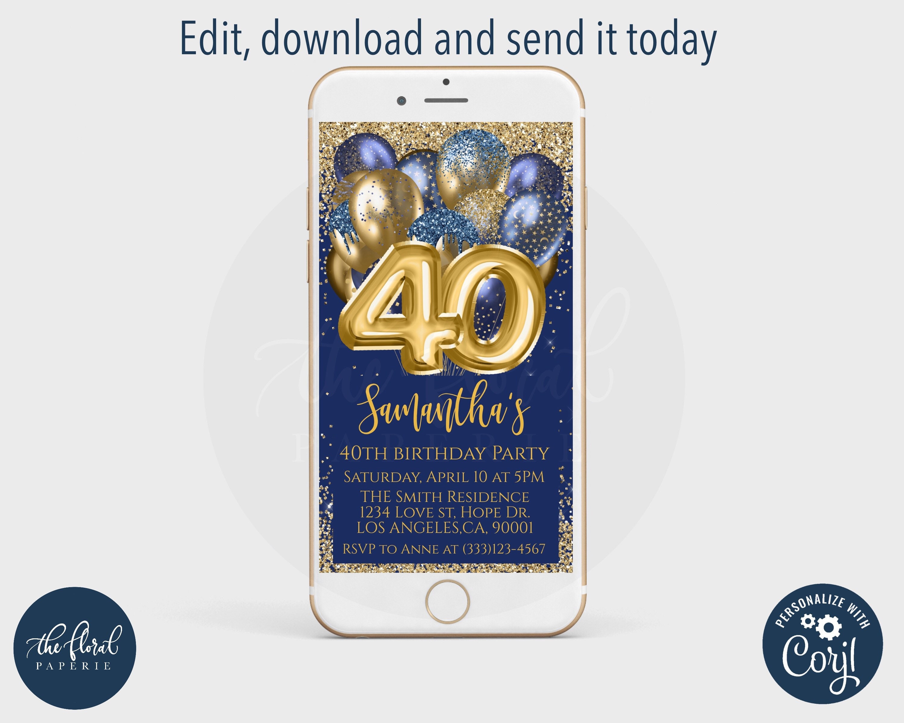 40th birthday text invitation template navy blue and gold | Etsy