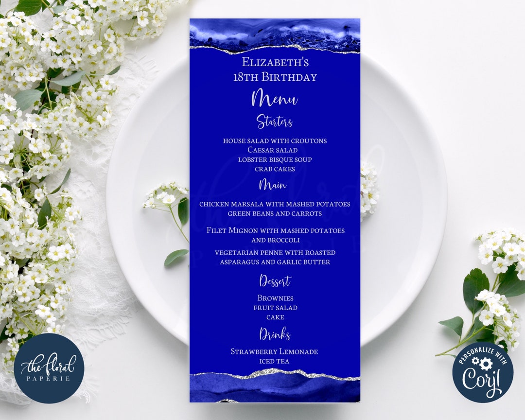 Royal Blue Silver Menu Card Template, Editable Event Menu Card ...