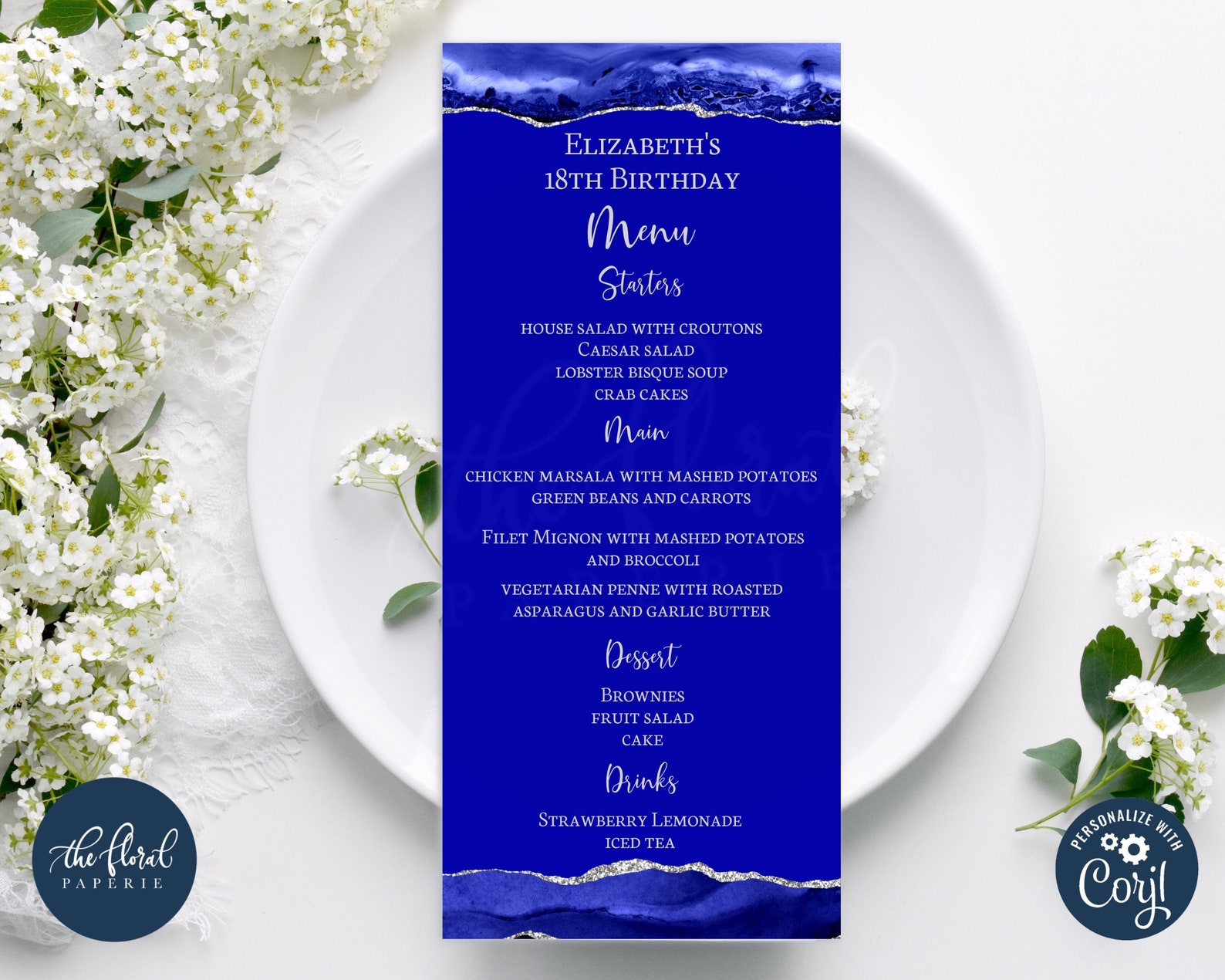 Royal Blue and Silver Menu Card Template, Dinner Party Menu (digital ...